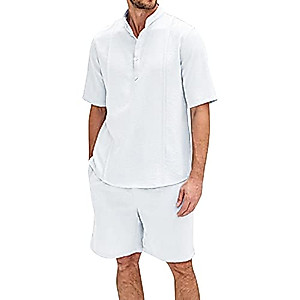 FAMOORE Mens Spring and Summer Beach Solid Color Short Sleeved Shorts Cotton and Linen Suit Two Piece White