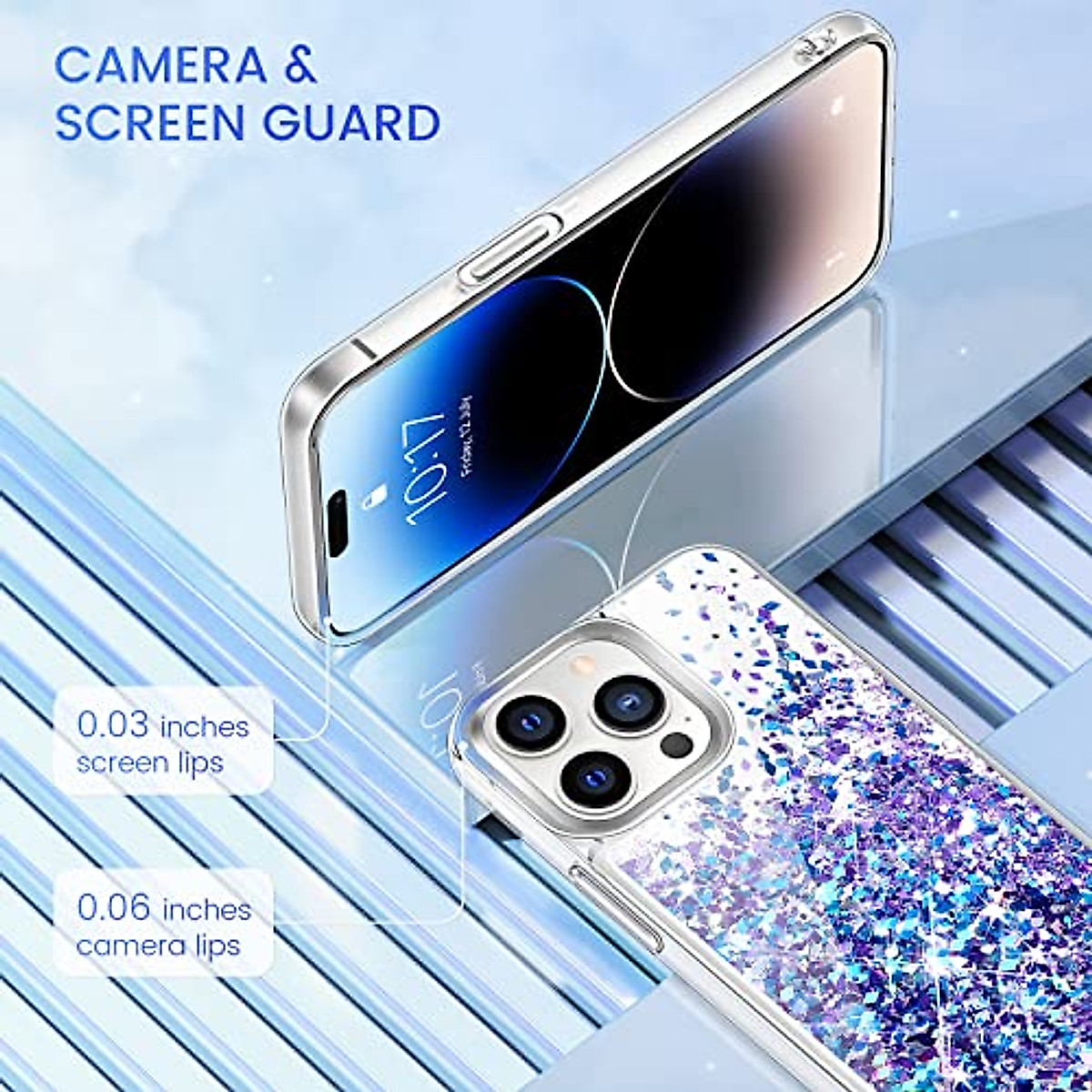 Caka Designed for iPhone 14 Pro Case, iPhone 14 Pro Case 2022 Glitter Bling Sparkle for Women Girls Liquid Floating Quicksand Cover with Screen Protector Phone Case - Blue Purple