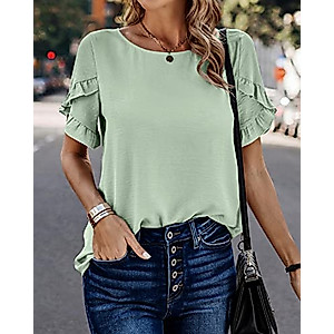 PRETTYGARDEN Women's Shirts Summer Casual Crewneck Lace Crochet Short Sleeve Blouses Cute Floral Print Loose Tunic Tops(Solid Light Green,Large)