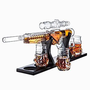 Blaster Force Gun Whiskey & Wine Decanter Set Glasses - Energized Particle Weaponry Elegant Decanter 24" - 4 Trooper Shot Glasses & Mahogany Wooden Base The Wine Savant (20 OZ) Gifts for Dad