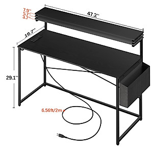 Yoobure Computer Desk with Power Outlets Fast Charging Type-C Included, Gaming Desk with LED Lights, 47" Office Desk with Adjustable Monitor Stand, Small Desk Home Office Desks with Storage Bag & Hook