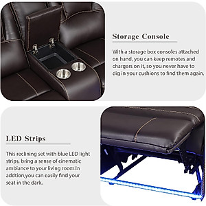 Olodumare Modern Faux Leather Manual Reclining Sectional Sofa Couch with LED Light Strip, Leather Recliner Couch with Cup Holder and Storage for Living Room Office,Living Room Furniture Set, Brown