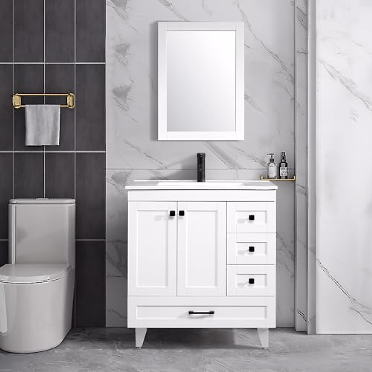 DodreHome 30" Bathroom Vanity with Sink Combo, Modern Freestanding Bathroom Cabinet with Soft Closing Door and Drawers, Includes Undermount Single Vessel Sink, Faucet & Mirror, White (30INCH)
