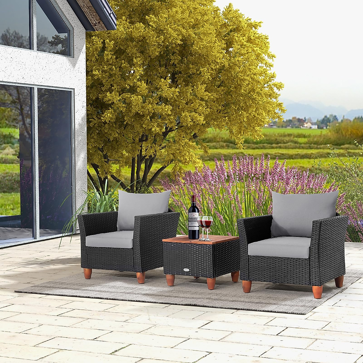 ORALNER 3 Pieces Patio Furniture Set, Outdoor Wicker Conversation Chairs with Cushion, Acacia Coffee Table, Rattan Bistro Set for Balcony Garden Backyard Front Porch Poolside (Grey)