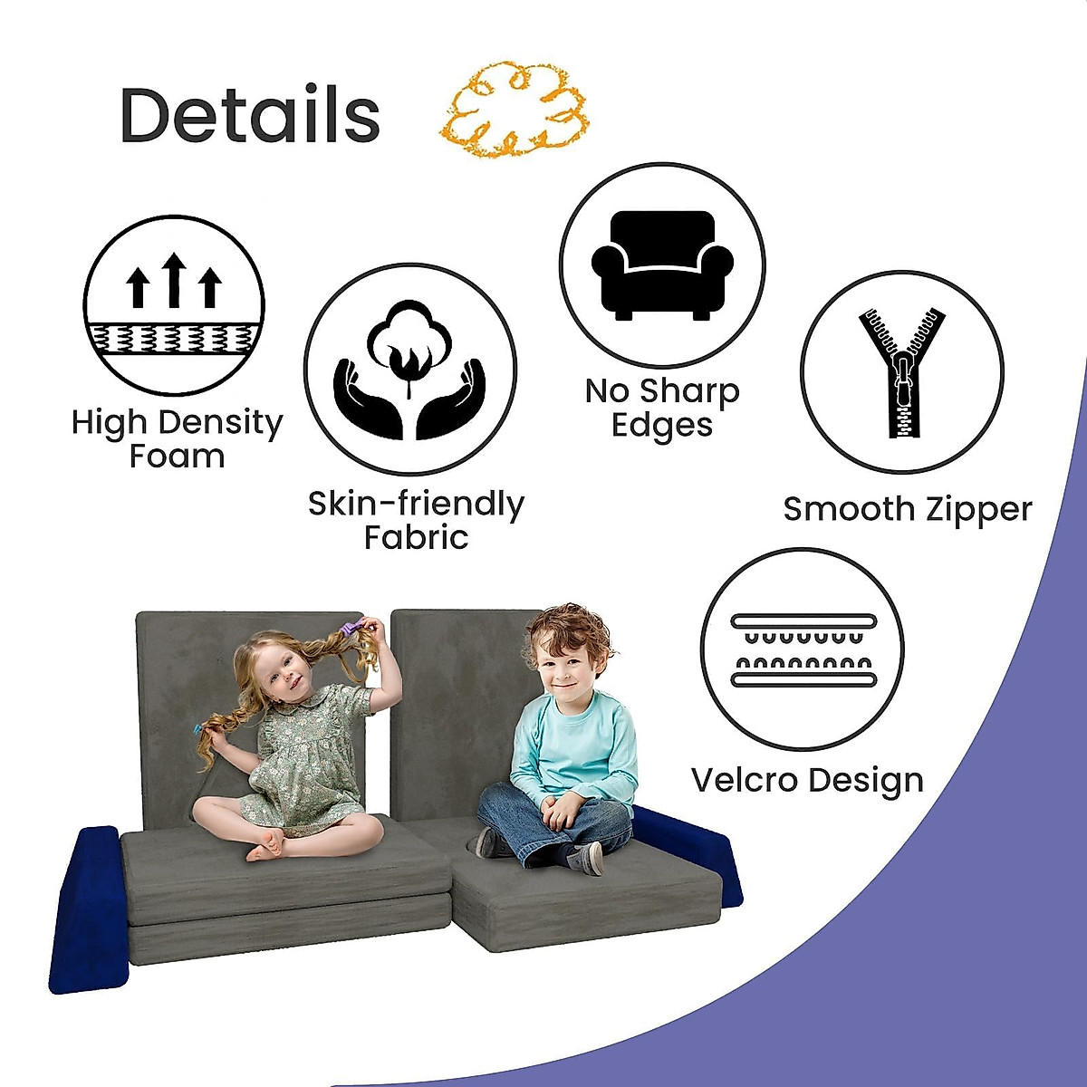 hoopyosms 11-Piece Modular Kids Play Couch Convertible Foam Sofa for Toddlers Indoor Playroom & Bedroom Fun Building Block Sofa (Grey and Blue)