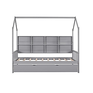 Bellemave Twin Size House Beds with Trundle and Storage Shelves, Kids Montessori Bed Wood Playhouse Tent Bed Frame for Girls Boys, Gray