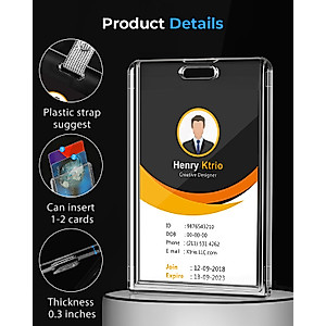 KTRIO 2 Pack Heavy Duty Badge Holder, Clear Acrylic ID Card Holder with Easy Access Thumb Hole, Hard Plastic ID Badge Holder for Student, Nurse and Office - Vertical