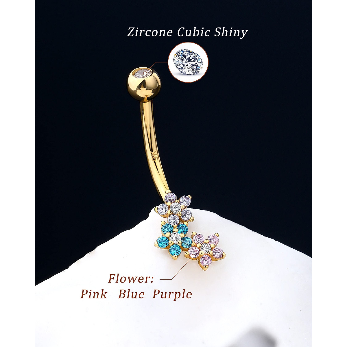 Melighting Solid Gold Belly Button Ring Gold Flower Belly Ring Clear CZ 9K Gold Belly Piercing Jewelry 14G Navel Ring for Women