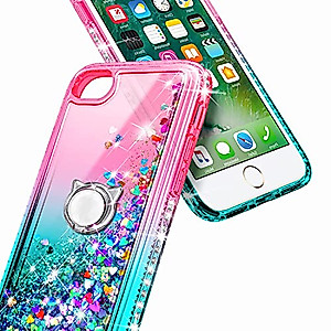 NGB Compatible for iPhone 8 Plus Case, iPhone 7 Plus /6 Plus /6S Plus with Tempered Glass Screen Protector, Ring Holder, Girls Women Kids Liquid Bling Sparkle Glitter Cute Case (Pink/Aqua)