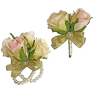 YOKOKE Prom Corsage and Boutonniere Set, Rose Boutonniere and Wrist Corsage Wristlet Set Flowers for Party Ball Dancing Prom Suit Decorations (Pink Champagne Gold)