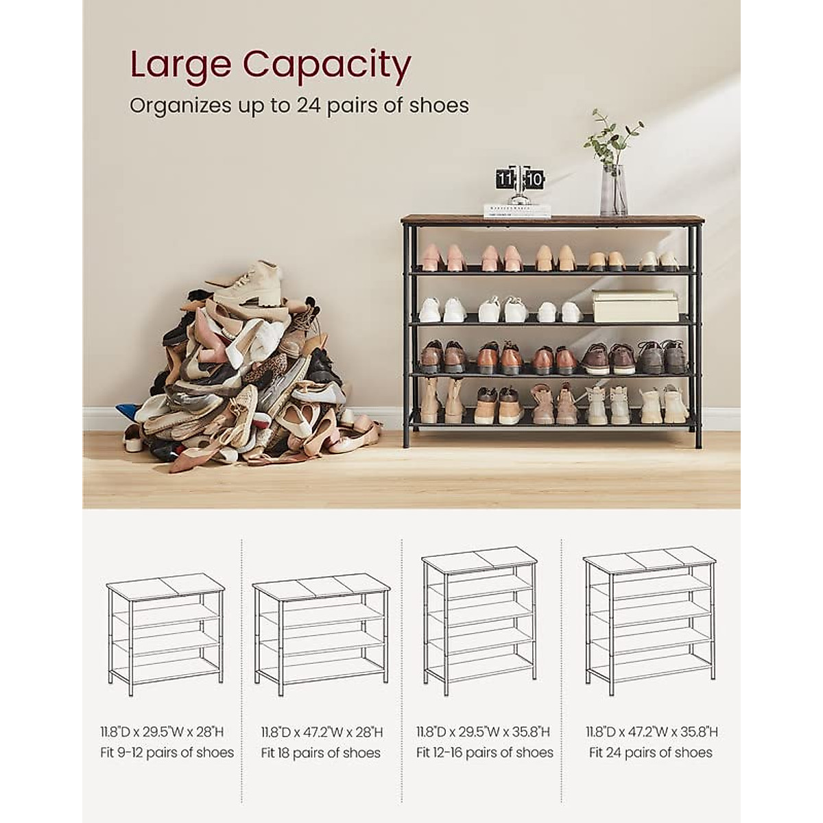 VASAGLE Shoe Rack 5 Tier, Narrow Shoe Organizer for Closet Entryway, with 4 Fabric Shelves and Top for Bags, Shoe Shelf, Steel Frame, Industrial, Rustic Brown and Black ULBS136B01