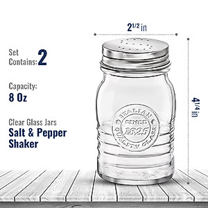 Bormioli Rocco Officina 1825 Salt And Pepper Shaker, Set Of 2, Clear, 8 Oz. Stain Resistant, Durable Glass Jars, Dishwasher Safe.