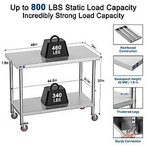 Leteuke Stainless Steel Prep Table, NSF Metal Work Table with Wheels, SUS201 Commercial Heavy Duty Table with Adjustable Undershelf, Food Prep Table for Restaurant Kitchen - 48" x 24" x 37"
