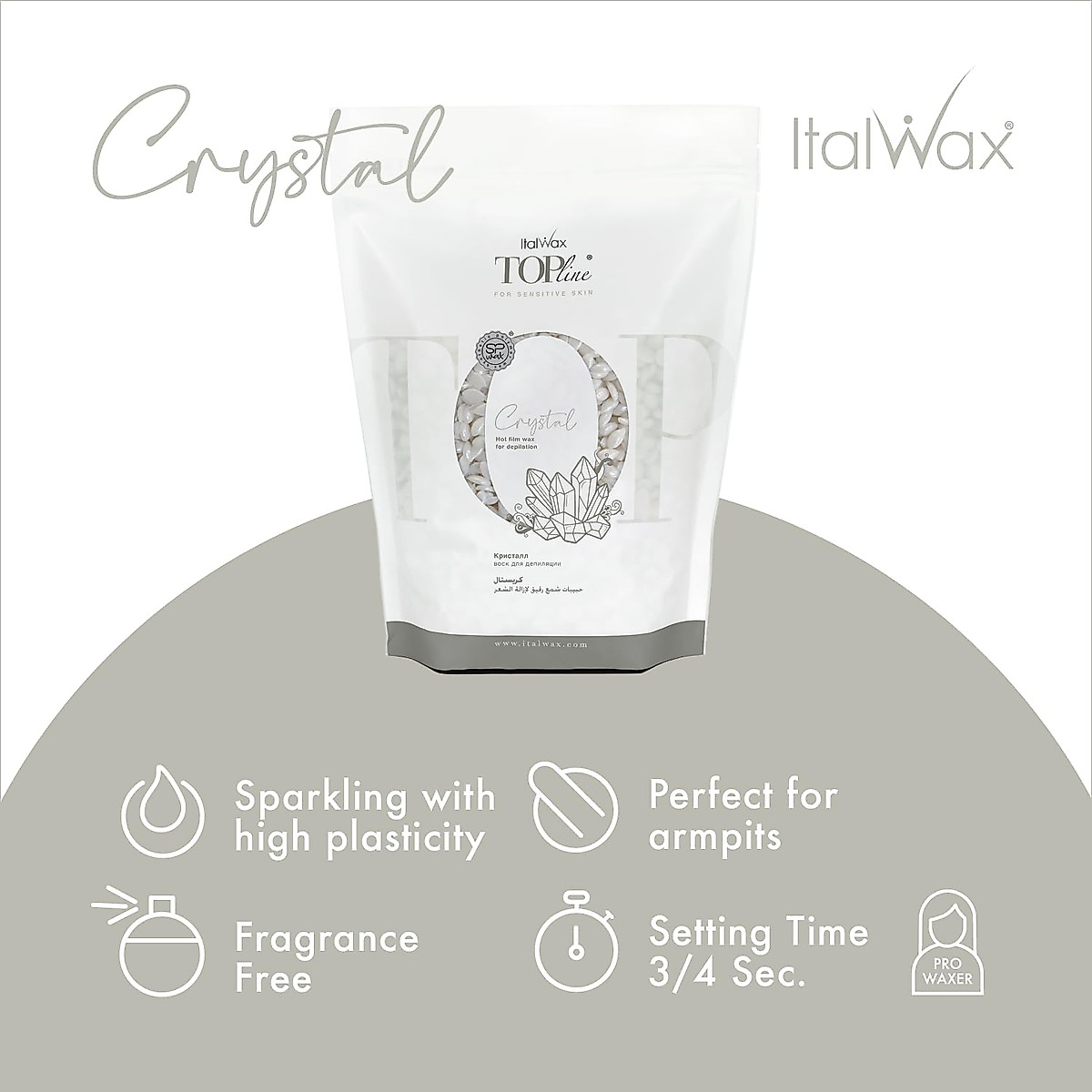 Italwax Top Line Crystal - 750g / 1.65lb - Hard wax beads for hair removal - Unscented - Synthetic formulation ideal for sensitive skins - Recommended for Bikini Area and Armpits