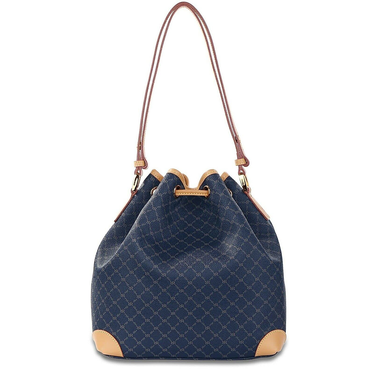 Rioni STA-20089 Designer Signature Navy Blue Canvas Leather Drawstring Bucket Bag Shoulder Bag
