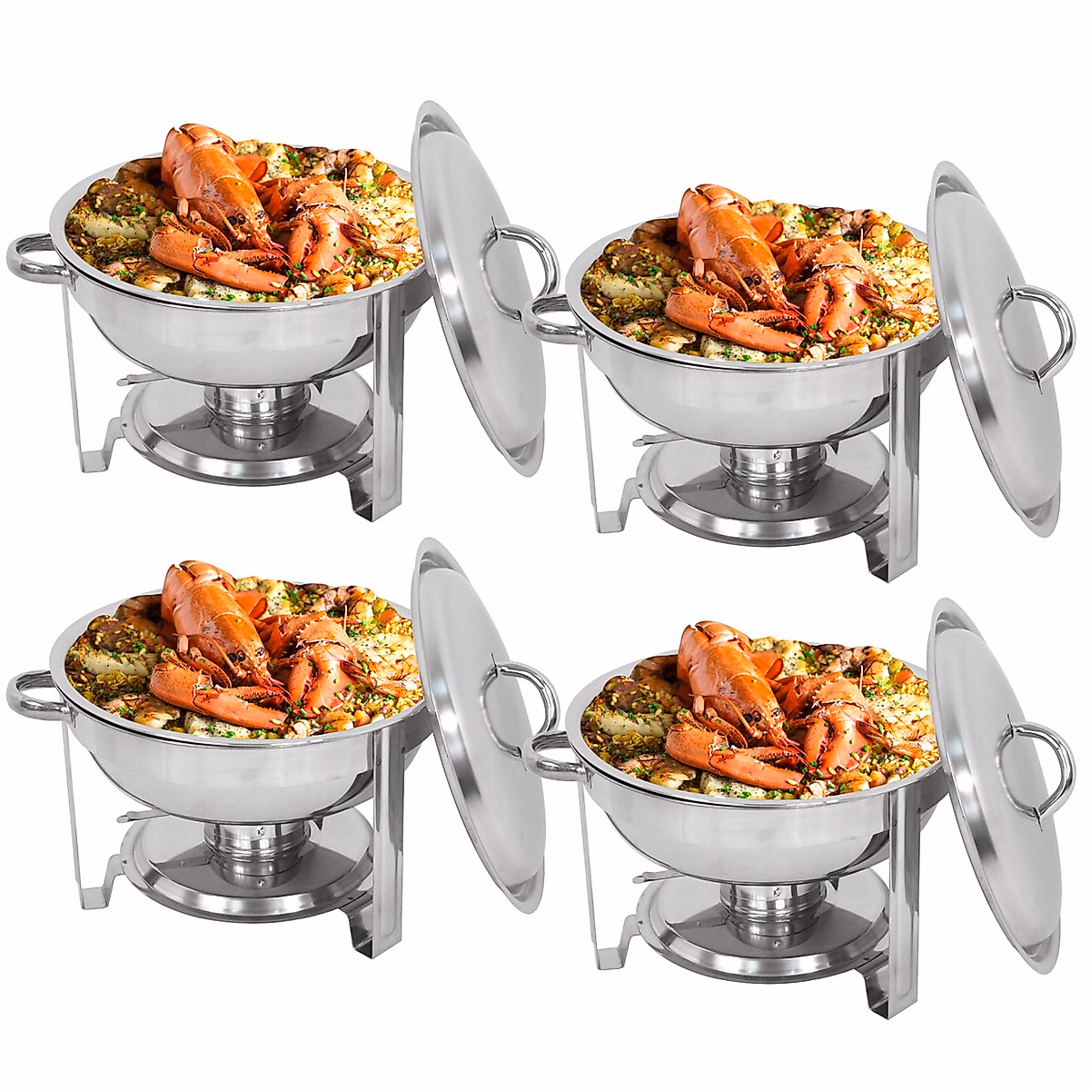 F2C 4 Pack of Stainless Steel Round Chafing Dish Buffet Set Chafer Warmer Set with Trays Pan Lid Folding Frame Stand for Kitchen Party Banquet Dining,5 Quart Full Size