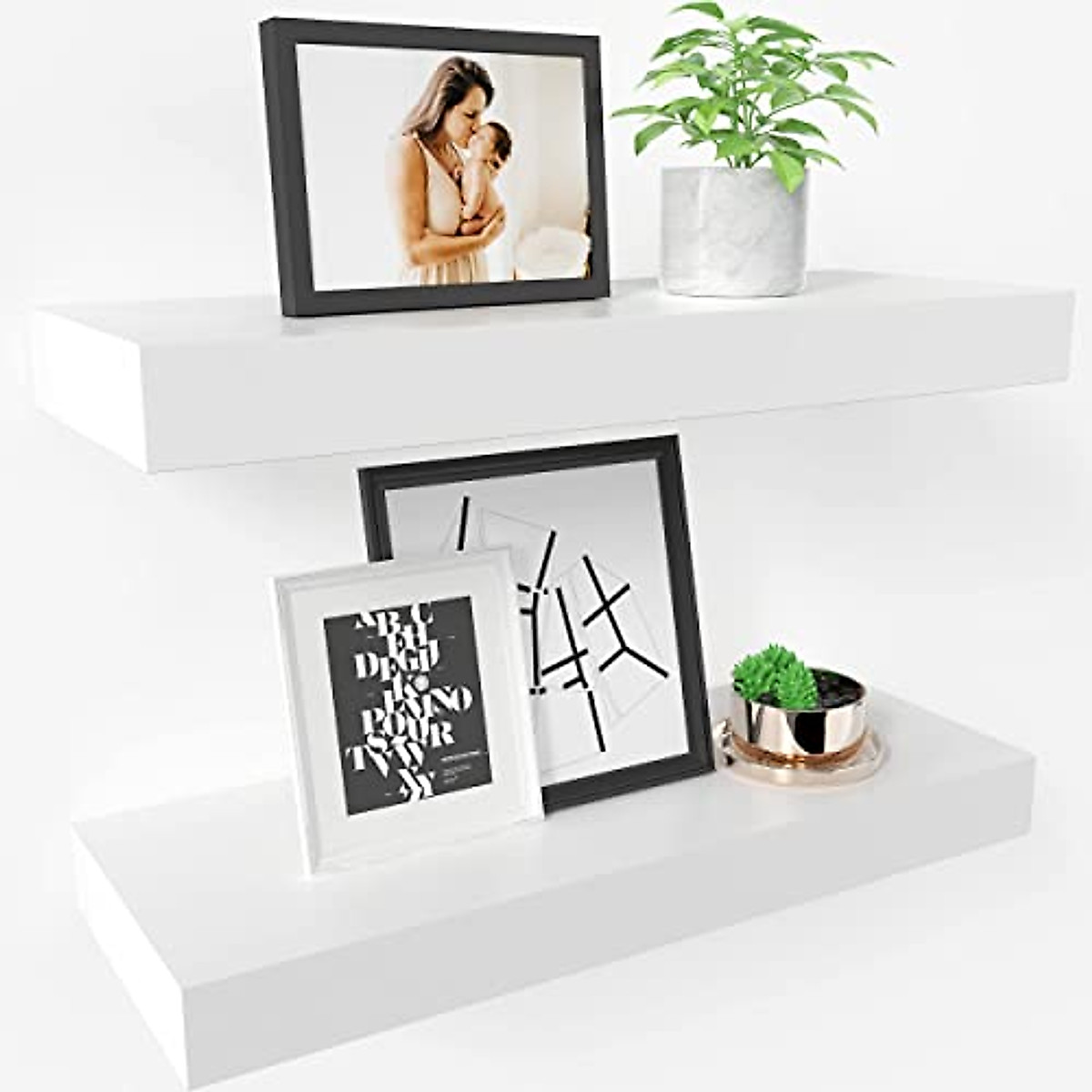 Ballucci 16" Floating Shelves Set, 2-Pack Wood Wall Mounted Ledges with Invisible Brackets for Living Room, Bedroom, Bathroom, Kitchen, Nursery, 6" Deep - White