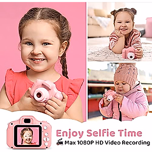 Children Camera, Children Digital Camera, Children Toy Camera with 1080P HD Video, 32GB SD Card, 2.0 Inch IPS Screen, 8 Times Zoom, Timer Shooting, Birthday Gifts for Girls Aged 3-9 Years Pink