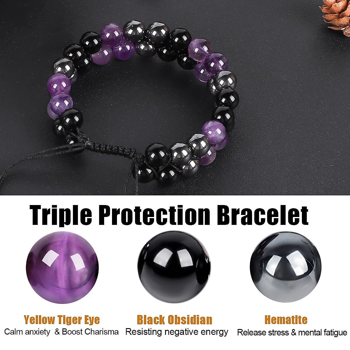 Amethyst Bracelet Triple Protection for Women Men, Purple Crystal Stone Bracelet Combine Hematite Black Obsidian, Enhance charisma and luck And Happiness, Handmade Bead Jewelry Bracelet