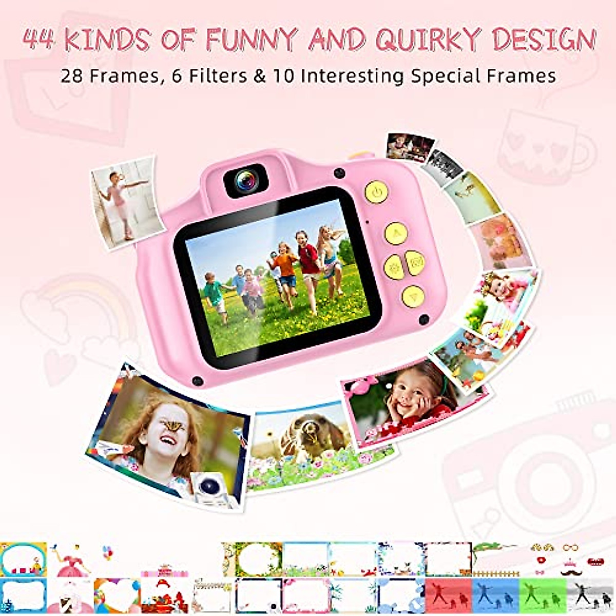 Kids Camera, Wonder Island Kids Digital Camera for Girls Age 3-12, Christmas Birthday Gifts Toys Camera for 3 4 5 6 7 8 Year Old Boy, Selfie Camera Time-Lapse Video Record with 32GB SD Card-Pink