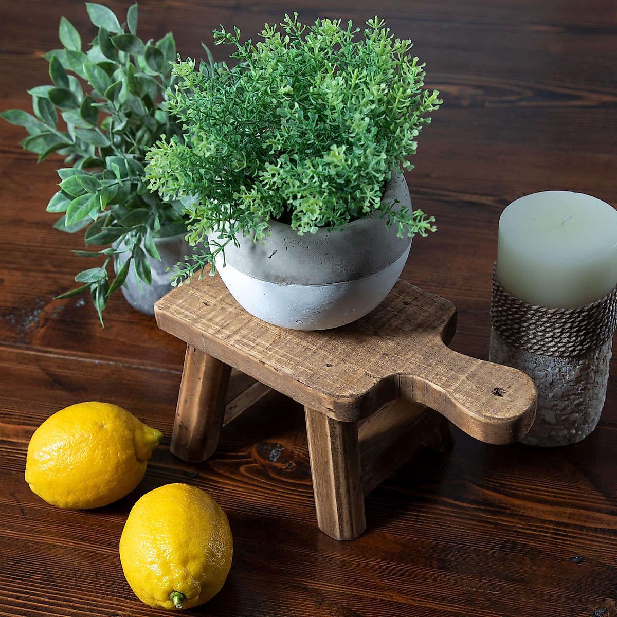 RUSTIX Mini Wooden Stool w/Handle - Rustic Decorative Square Mini Pedestal - Ideal Accent Stool for Small Decor, Plants and Trinkets - 9.4 L x 4.8 H x 4.5 W