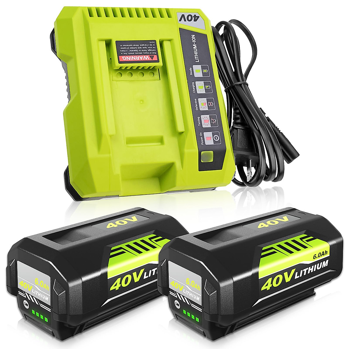 2 Pack 6.0Ah 40 Volt Replacement for Ryobi 40V Battery and Charger Kit Compatible with Ryobi 40 Volt Battery Lithium OP4040 OP40401 OP4026 OP40261 OP4050 OP40201 OP40601 (Green)