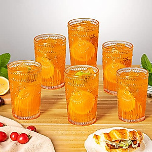 Vintage Glassware Romantic Drinking Glasses - 12 OZ Pink Glassware Embossed Glasses Drinking Set of 6 - Perfect Glass cups for Coffee, Cocktails, and Beverages, Dishwasher Safe, Ideal for Gifting