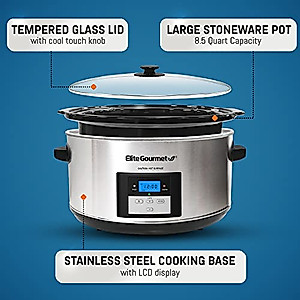 Elite Gourmet MST-900D# Digital Programmable Slow Cooker, Oval Adjustable Temp, Entrees, Sauces, Stews & Dips, Dishwasher Safe Glass Lid & Crock (8.5 Quart, Stainless Steel)