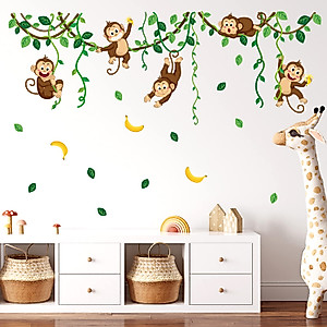 DECOWALL DS9-8053 Monkey Vines Wall Decals Kids Stickers Nursery Room Bedroom décor Living Baby Tree Removable Animal Peel Stick Jungle Art Green Home playroom Vinyl Leaves Decoration
