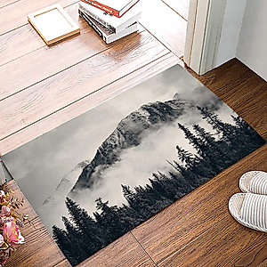Indoor Doormat Front Door Mat Nature Winter Forest Landscape Mysterious Dreamy Mountain Smoky Non Slip Rubber Back Floor Mat Entrance Low-Profile Welcome Mat Outdoor Rug for Home Office Garden