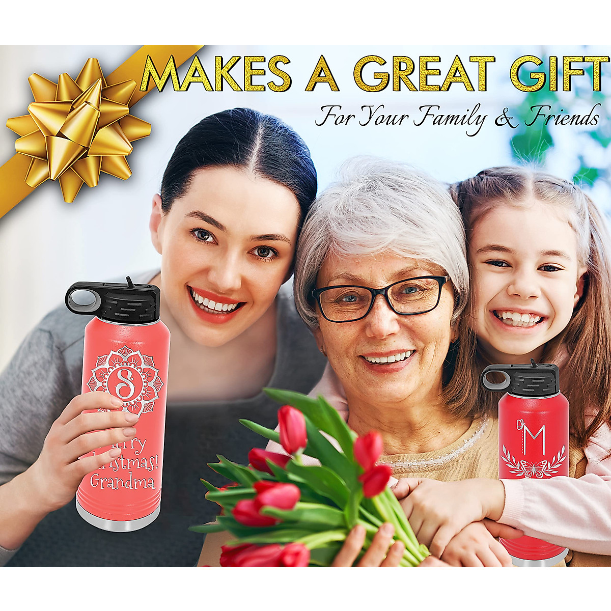 Customized Water Bottles with Flip-Top Lid and Straw, Personalized Stainless Steel Sports Thermos Engraved Monogram – Teacher, Birthday, Holiday, Corporate Gifts 20oz., 32oz. (Coral)