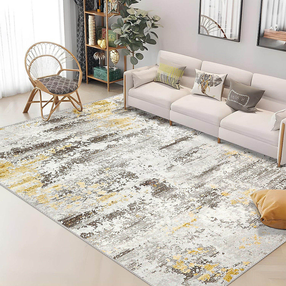Washable Rug 8x10 Area Rugs: Abstract Rugs for Living Room Soft Non-Slip Machine Washable Area Rug Foldable Indoor Low Pile Large Rugs for Bedroom Dining Room Nursery Kitchen Office-Beige Rug 8x10