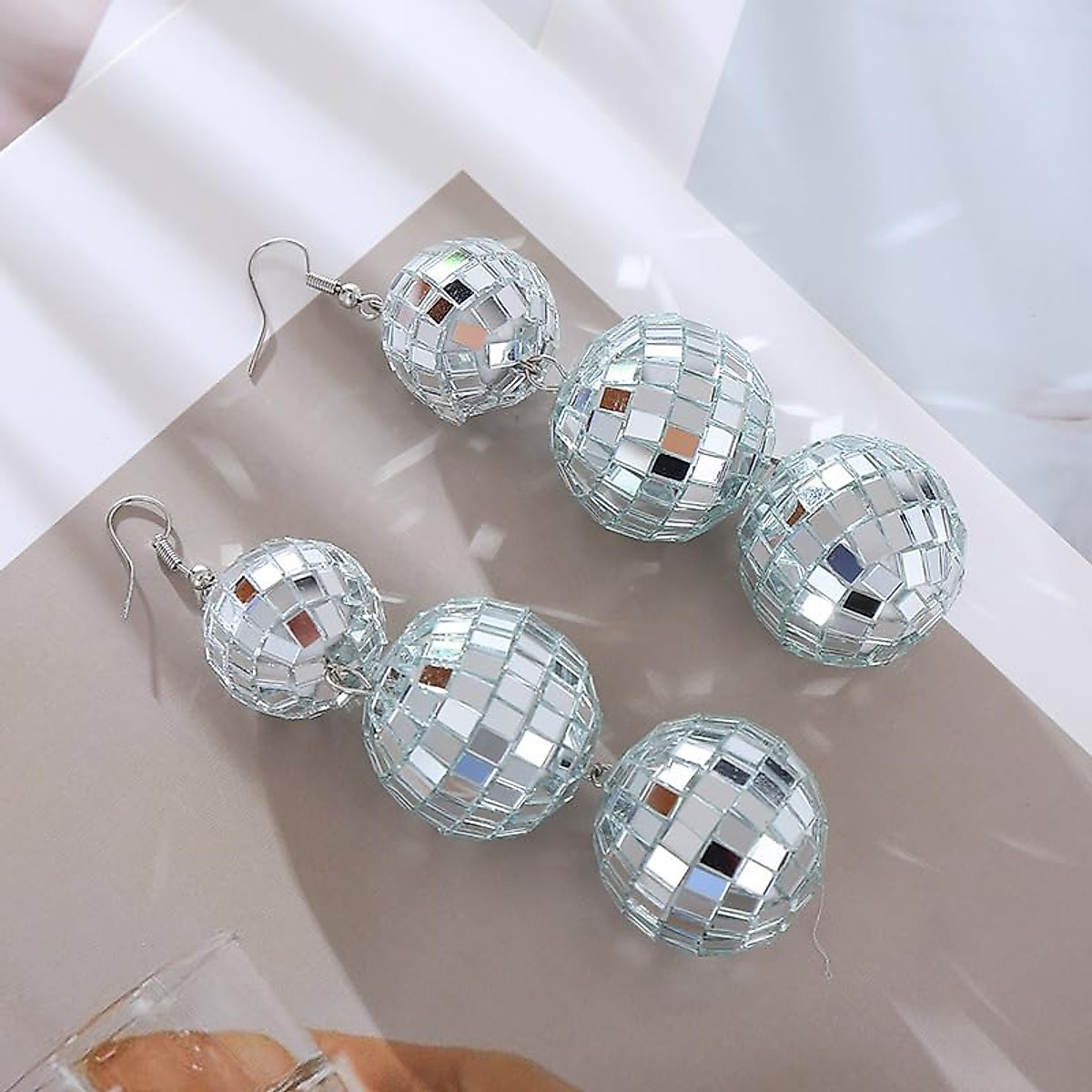 Disco Ball Earrings 60's 70's Silver Mirror Disco Ball Sunflower Pendant Ball Earrings Masquerade Costume Halloween Accessories-B