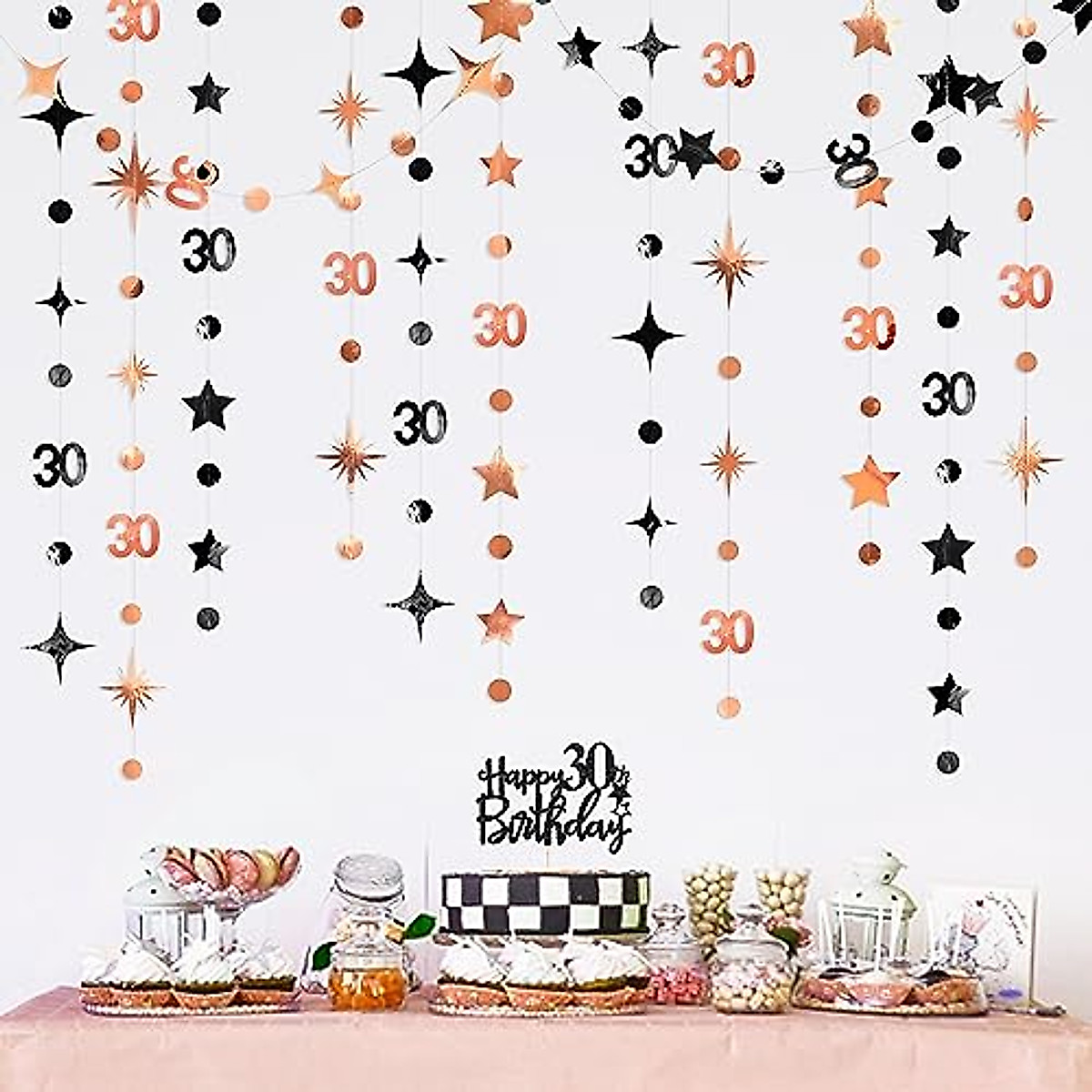 Rose Gold Black 30th Birthday Decorations Number 30 Circle Dot Twinkle Star Garland Metallic Streamer Bunting Banner Backdrop for Mens Womens Happy Dirty 30 Year Old Thirty Anniversary Party Supplies