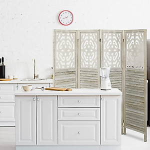 ECOMEX 4 Panel Carved Room Divider 5.6Ft Wood Folding Screens Room Dividers Screen for Bedroom Office Restaurant, Rustic White