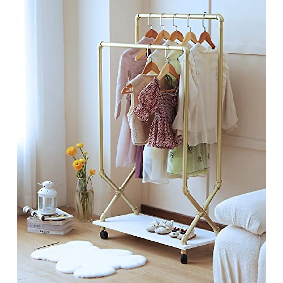 Child Clothes Rack, Kids Garment Rack Armoire Dress-up Closet, Rolling Pipe Open Clothing Rack with Wood Storage Shelf, Industrial Modern Kids Wardrobe Costume Organizer Center with 2 Hanging Rods