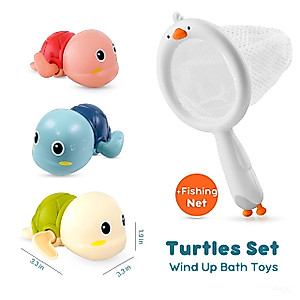 MARPPY Toddler Bath Toys, 3 Swimming Bath Toys Turtles and 1 Fishing Net, Wind - Up Bath Toy, Bathtub Toys and Pool Toys for Toddlers Kids, Boys and Girls, Age 2 3 4 5 Year Old