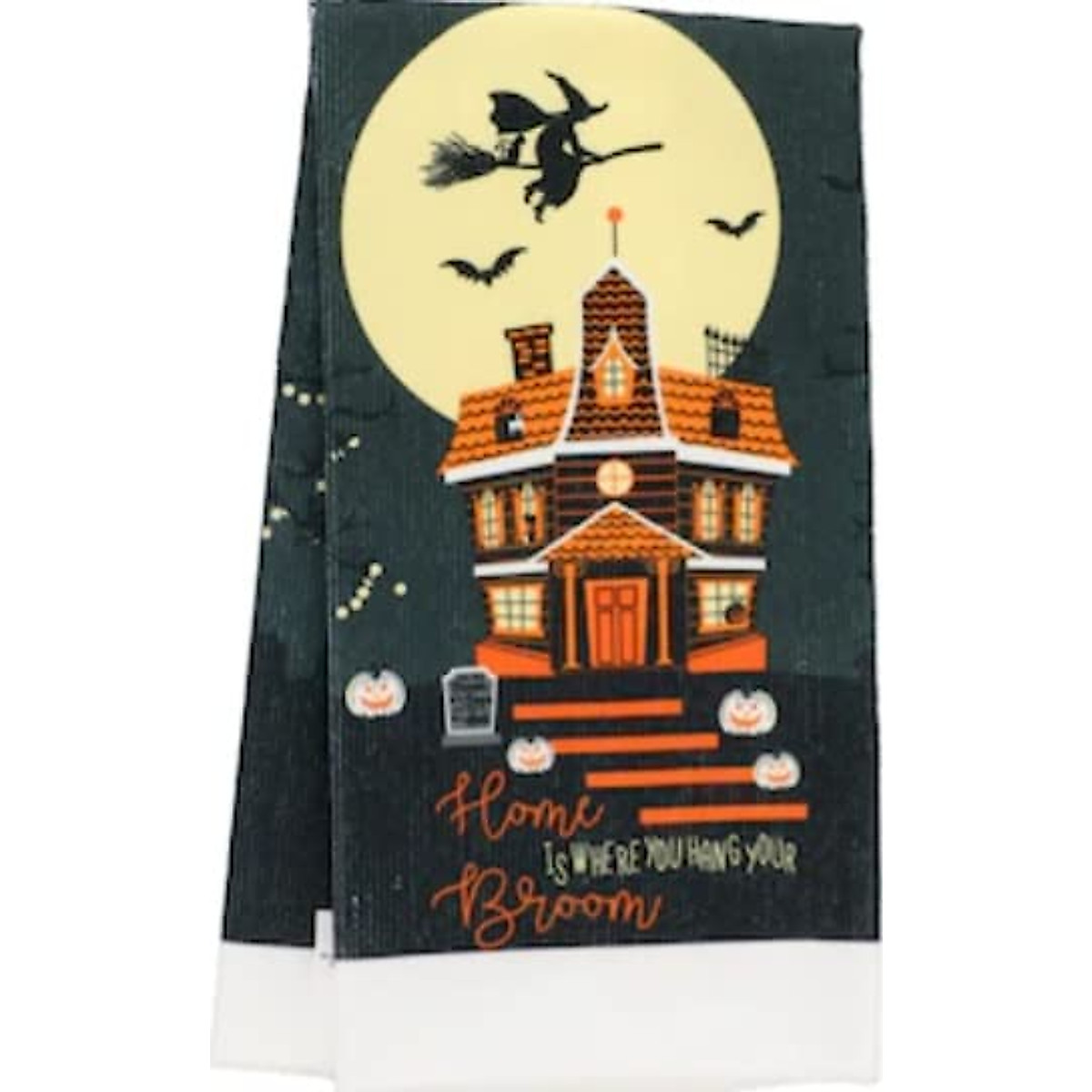 Greenbrier International Halloween 5 Piece Kitchen Linen Set Home is Where You Hang Your Broom, Orange, Black, Yellow, Printed