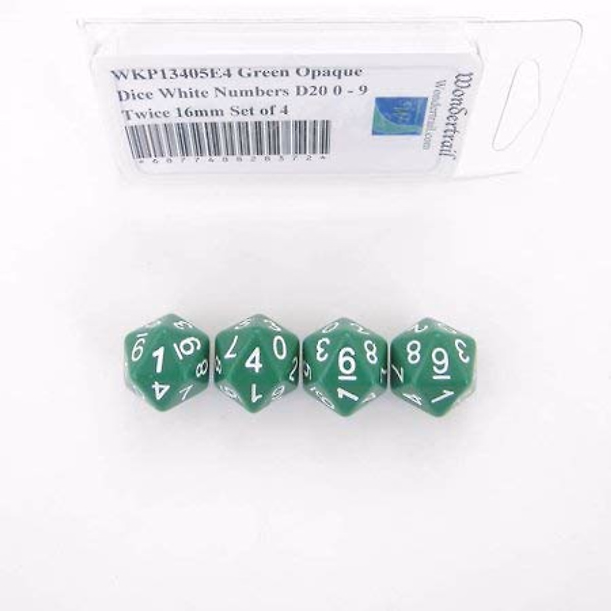 Green Opaque Dice with White Numbers D20 0 - 9 Twice 16mm (5/8in) Set of 4 Wondertrail