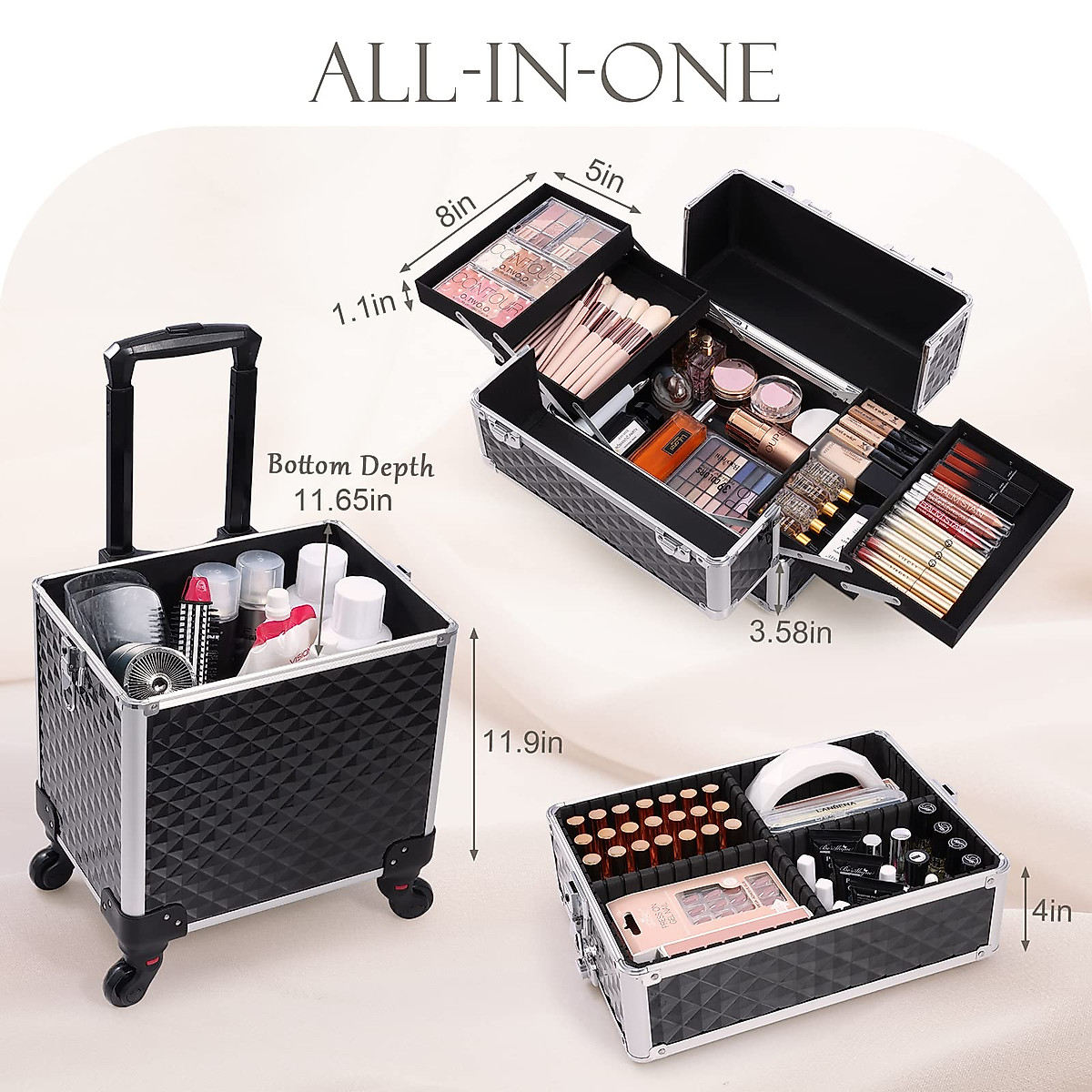 Adazzo 3 in 1 Professional Rolling Makeup Train Case Aluminum Trolley Case with 360° Rotation Wheels for Makuep Artist Cosmetic Suitcase Organizer with Lock and Key Diamond Pattern - Black