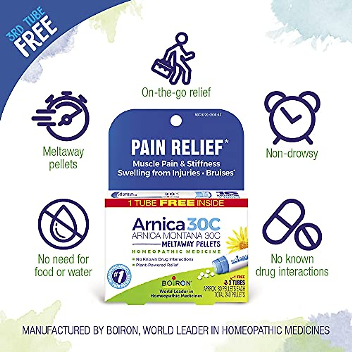 Boiron Arnica Montana 30C Homeopathic Medicine for Relief from Muscle Pain, Muscle Stiffness, Swelling from Injury, and Discoloration from Bruises - 3 Count (240 Pellets)