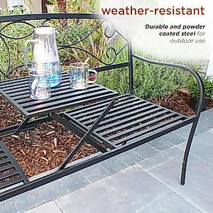 Alpine Corporation Alpine Metal Garden Outdoor Bench with Retractable Table VTFAM114, Black