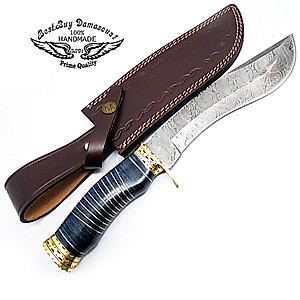 Best.Buy.Damascus1 Blue Wood 13" Fixed Blade Custom Handmade Damascus Steel Kukri Hunting Knife Double Brass Bolster Spacers Unique Beautiful File Work On Handel Come With Leather Sheath