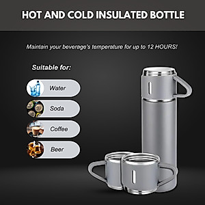 Gray Vacuum Flask Set - Insulated Water Bottle w/ 3 Cups Gift Set - Thermos Water Bottle for Hot and Cold Drinks - Reusable Stainless Steel Water Bottles for Indoor and Outdoor Activities (17 Fl Oz)