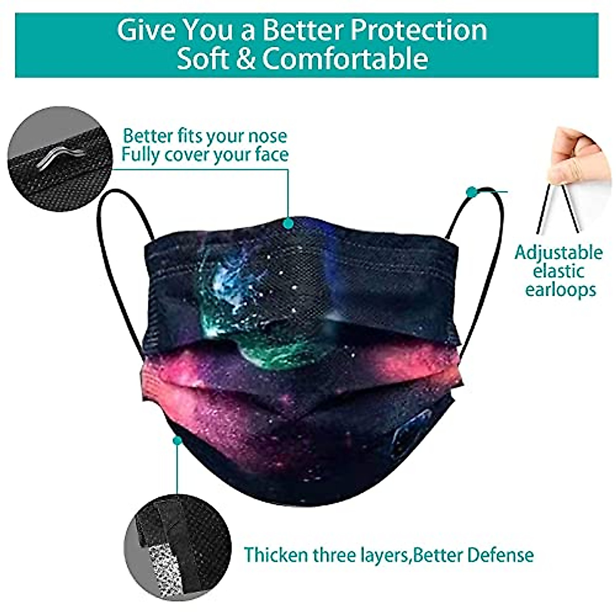 50PCS Disposable Starry Galaxy Pattern Face Masks,3 Ply Breathable Safety Mask,Disposable Mouth Face Cover for Adults(Galaxy C)