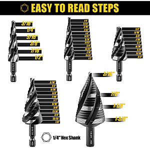 KAKILFOB Four Spiral Flute Step Drill Bit Set, 5 Pieces 1/8"-1-3/8" HSS Unibit Step Drill Bit, 1/4" and 3/8" Shank Step Bits for Metal, Aluminum, Wood, Plastic