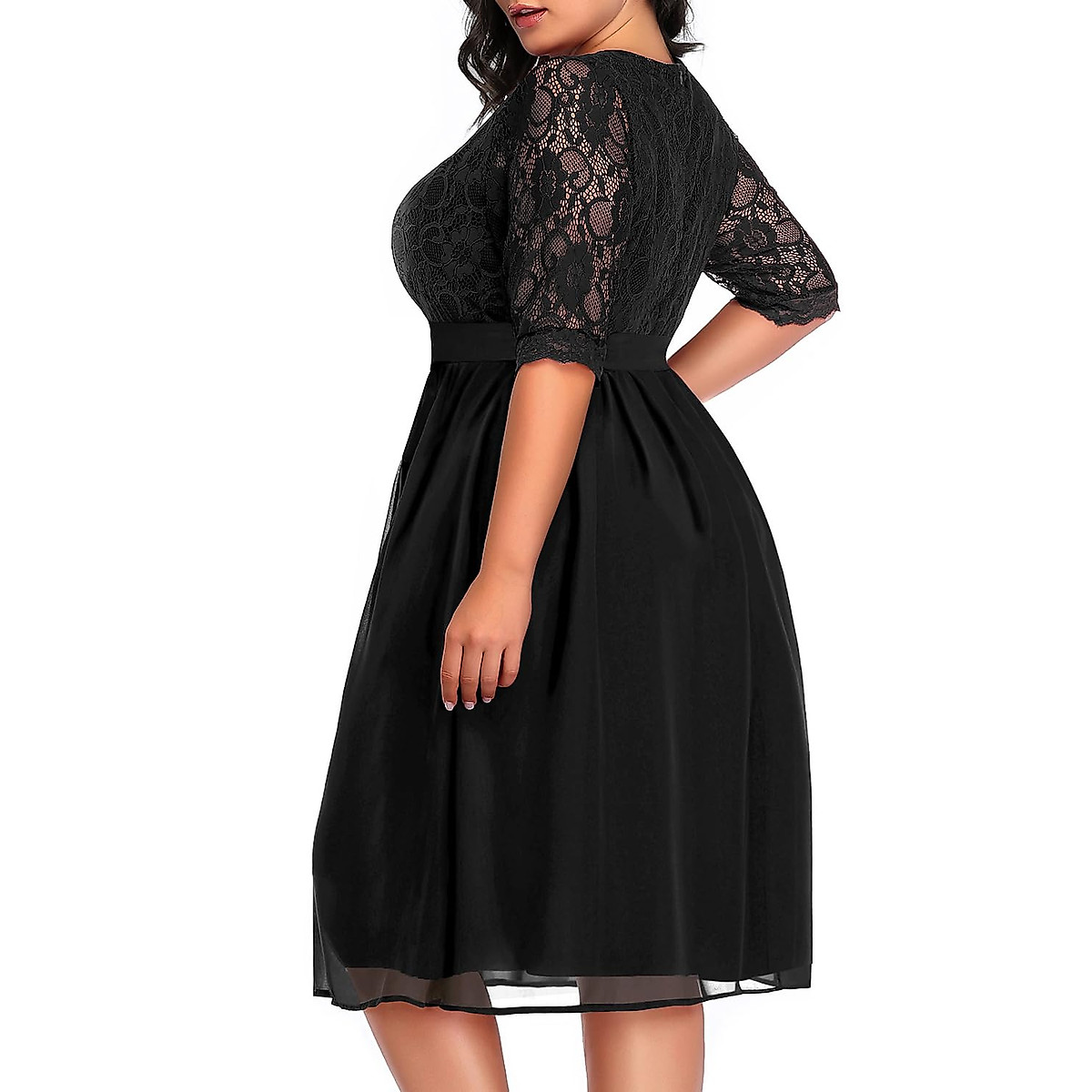 Pinup Fashion Plus Size Black Dress Funeral Wedding Guest Lace Chiffon Short Formal Cocktail Party Midi Dress Women