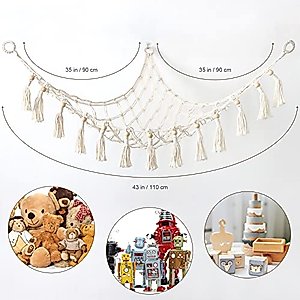 Dremisland Stuffed Animal Toy Hammock with Fairy Lights Macrame Boho Plush Toy Net Hammock with Tassels-Stuff Animals Organizer Storage Corner Plush Toys Net Holder for Nursery Play Room, Kids Bedroom