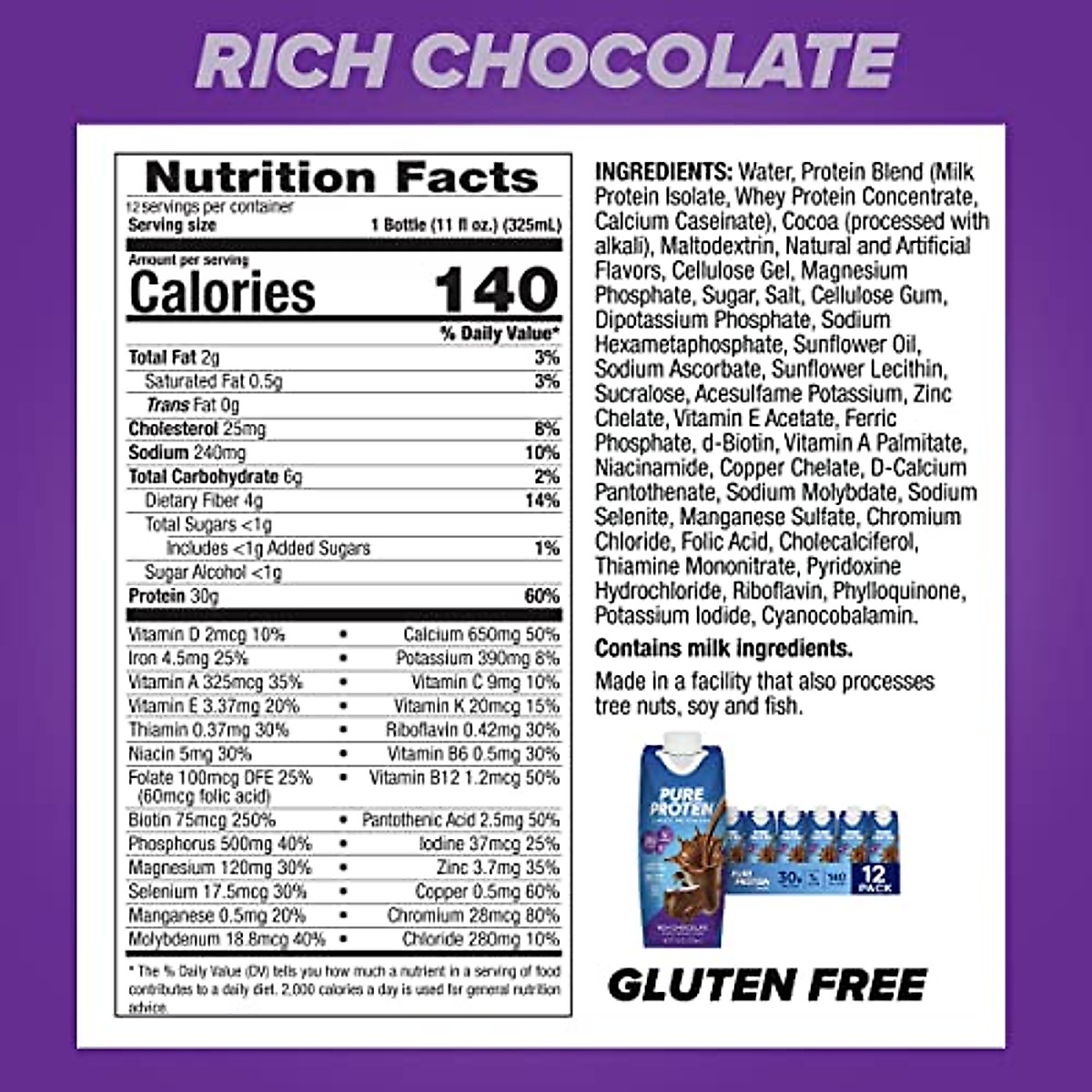 Pure Protein Chocolate Protein Shake, 30g Complete Protein, Ready to Drink and Keto-Friendly, Vitamins A, C, D, and E plus Zinc to Support Immune Health, 11oz Bottles, 12 Pack