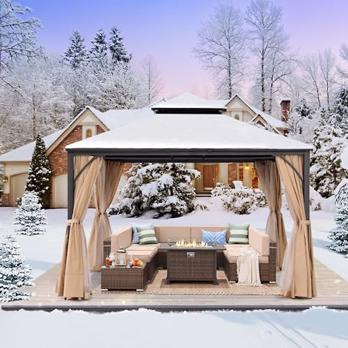 ABCPATIO 10x10 Hardtop Gazebo - Outdoor Polycarbonate Double Roof Gazebo Canopy, Metal Frame Permanent Pavilion with Curtains and Netting for Patio, Garden, Patio, Lawns (Beige)